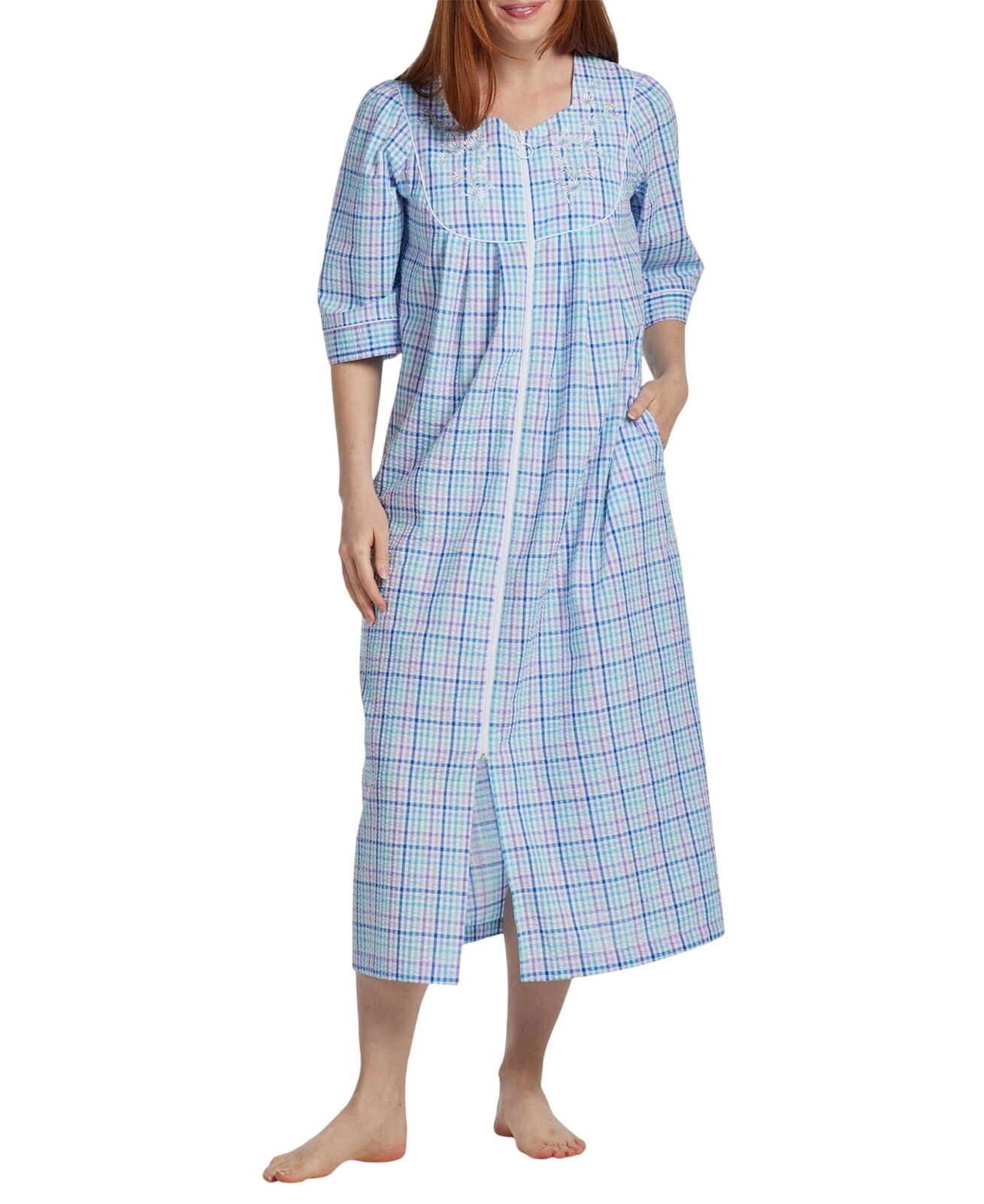 Miss Elaine 3/4-Sleeve Plaid Zip Robe Nightgown Navy Turquoise Plaid ...