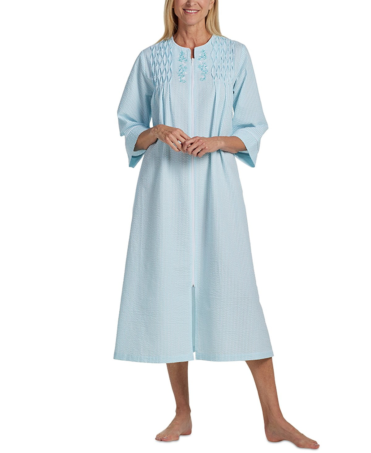 Miss Elaine Women's 3/4-Sleeve Zip Seersucker Robe - Turquoise Stripe ...