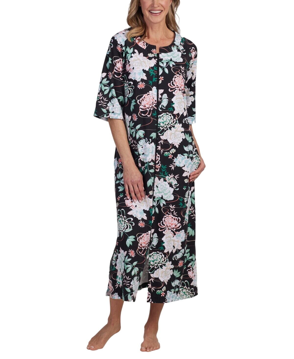 Miss Elaine Womens Printed 3/4-Sleeve Zip Robe Nightgown 869824 Seaside ...