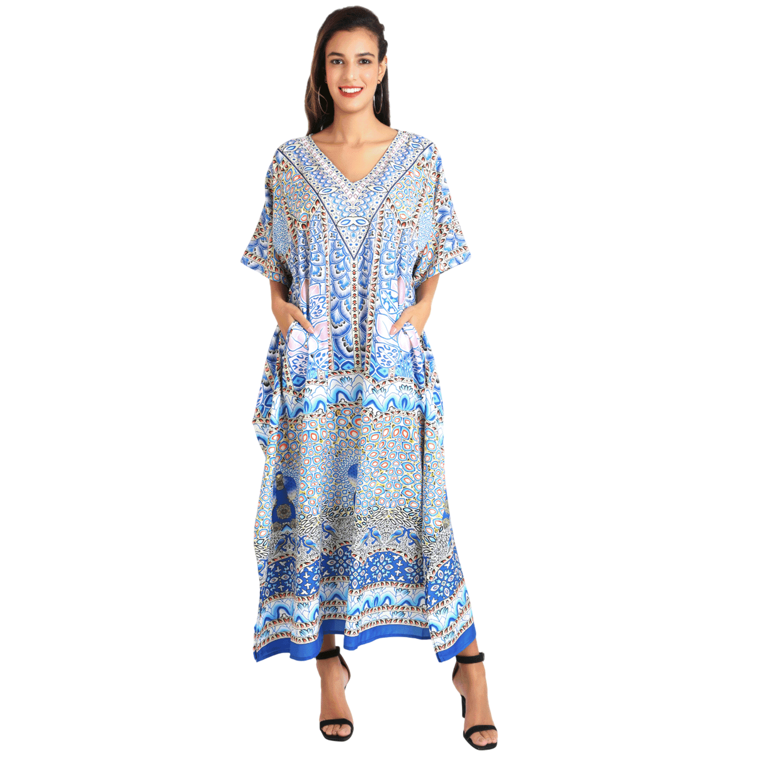Miss Lavish London Women’s Leafy Peacock Polyester Kaftan Dress with V ...