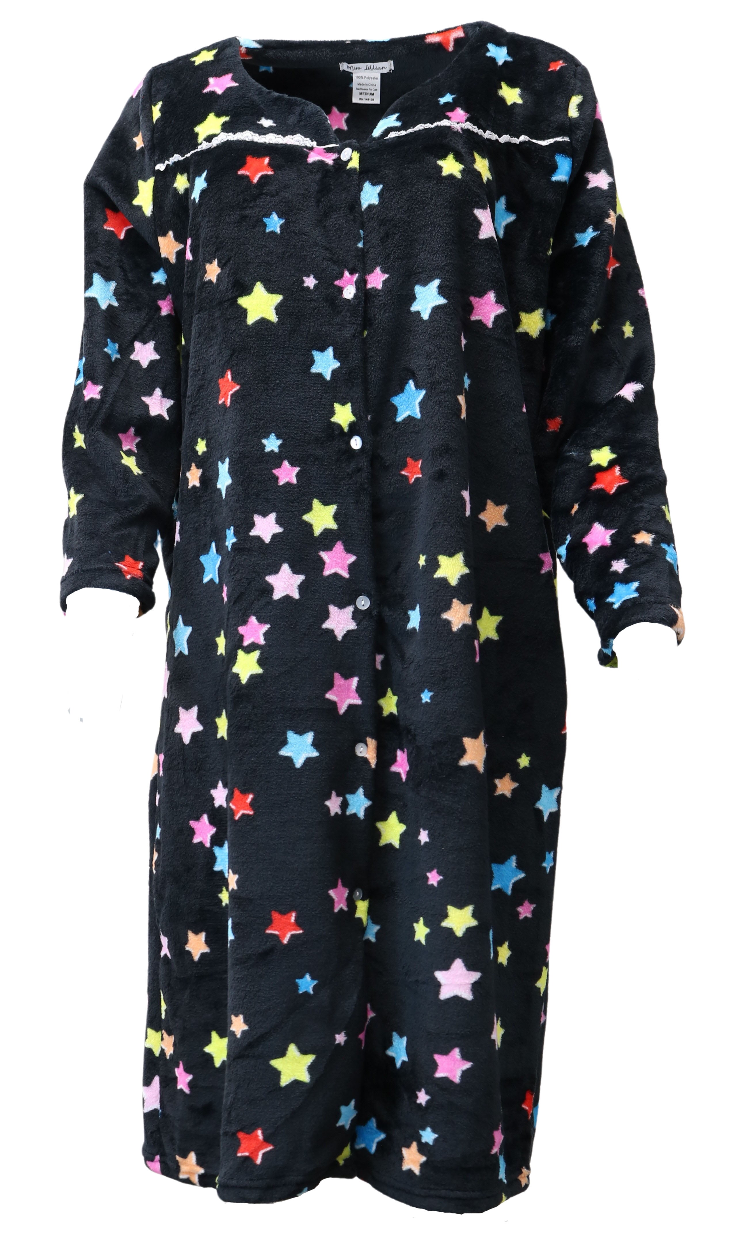 Miss Lillian Women's Button Front Lace Detail Fleece Duster Nightgown 3 ...