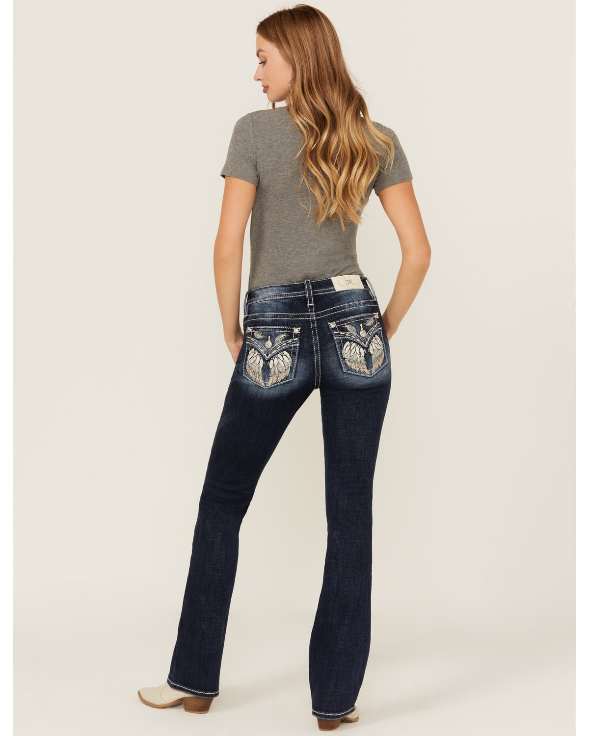 Miss Me Women's Dark Wash Mid Rise Wing Pocket 34" Bootcut Stretch ...