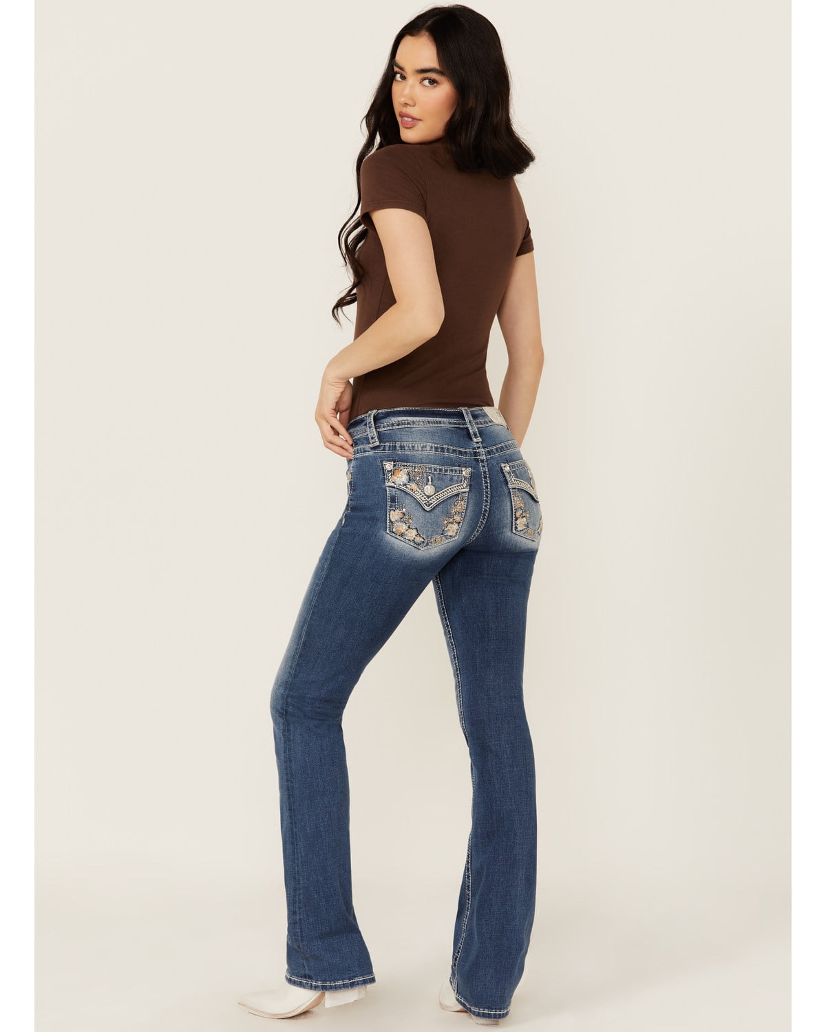 Miss Me Women's Medium Wash Floral Border Pocket 34" Bootcut Stretch ...