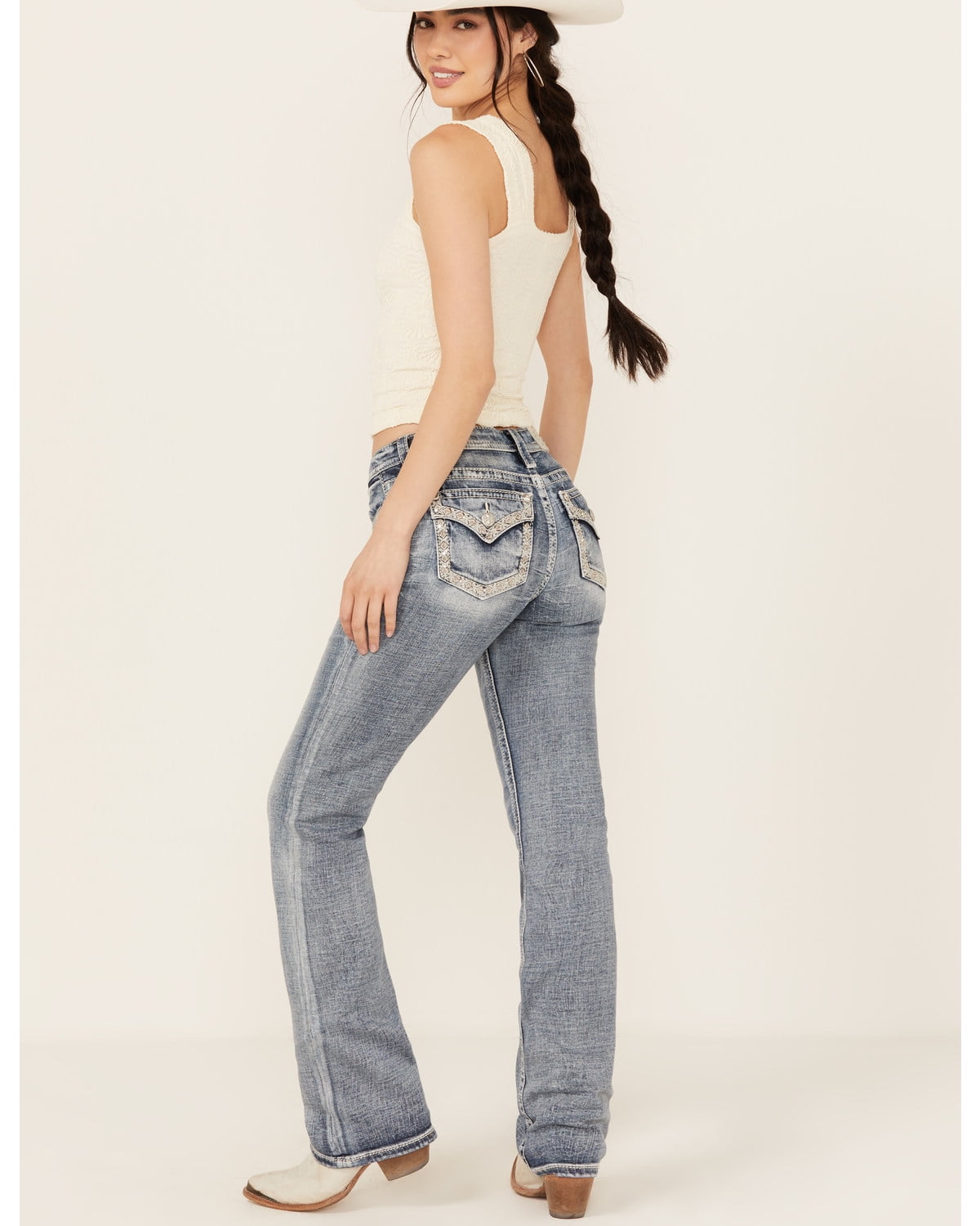Miss Me Women's Medium Wash Mid Rise 34" Bootcut Stretch Denim Jeans ...