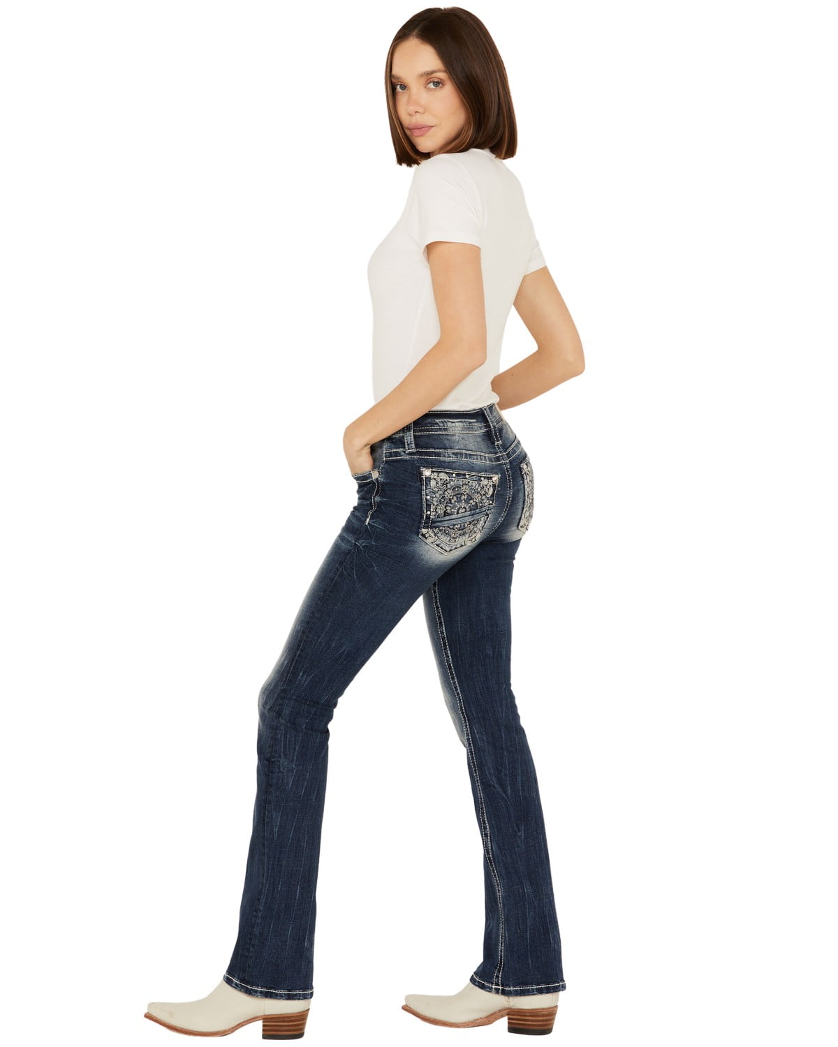 Miss Me Women's Medium Wash Mid Rise Paisley Embroidered Bootcut Jeans - M9140B 29W x 34L ...