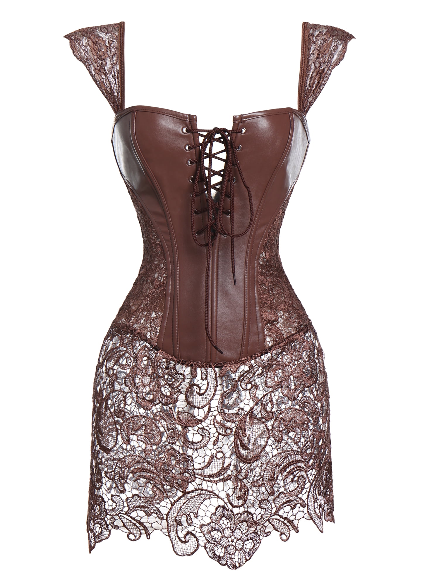 Miss Moly Gothic Burlesque Corset Dress Lace Skirt Faux Leather Bustier Zipper Brown L - Walmart.com
