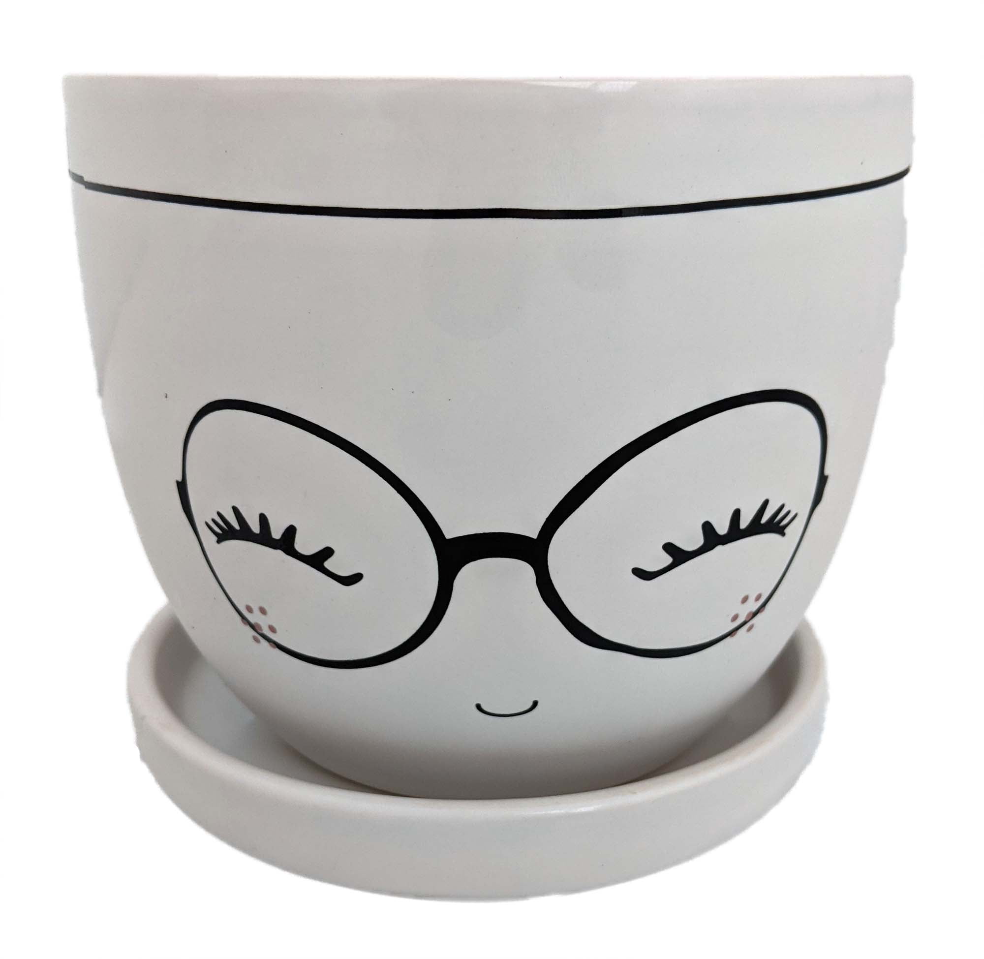 Miss Priss Ceramic Face Pot with Attached Saucer - Glasses - 5" x 4.25 ...