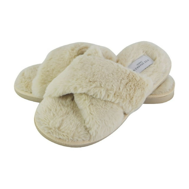 Miss Sparrow - Womens Open Toe Bedroom House Slippers | Soft Fluffy Plush Cozy Crossover Sliders ...