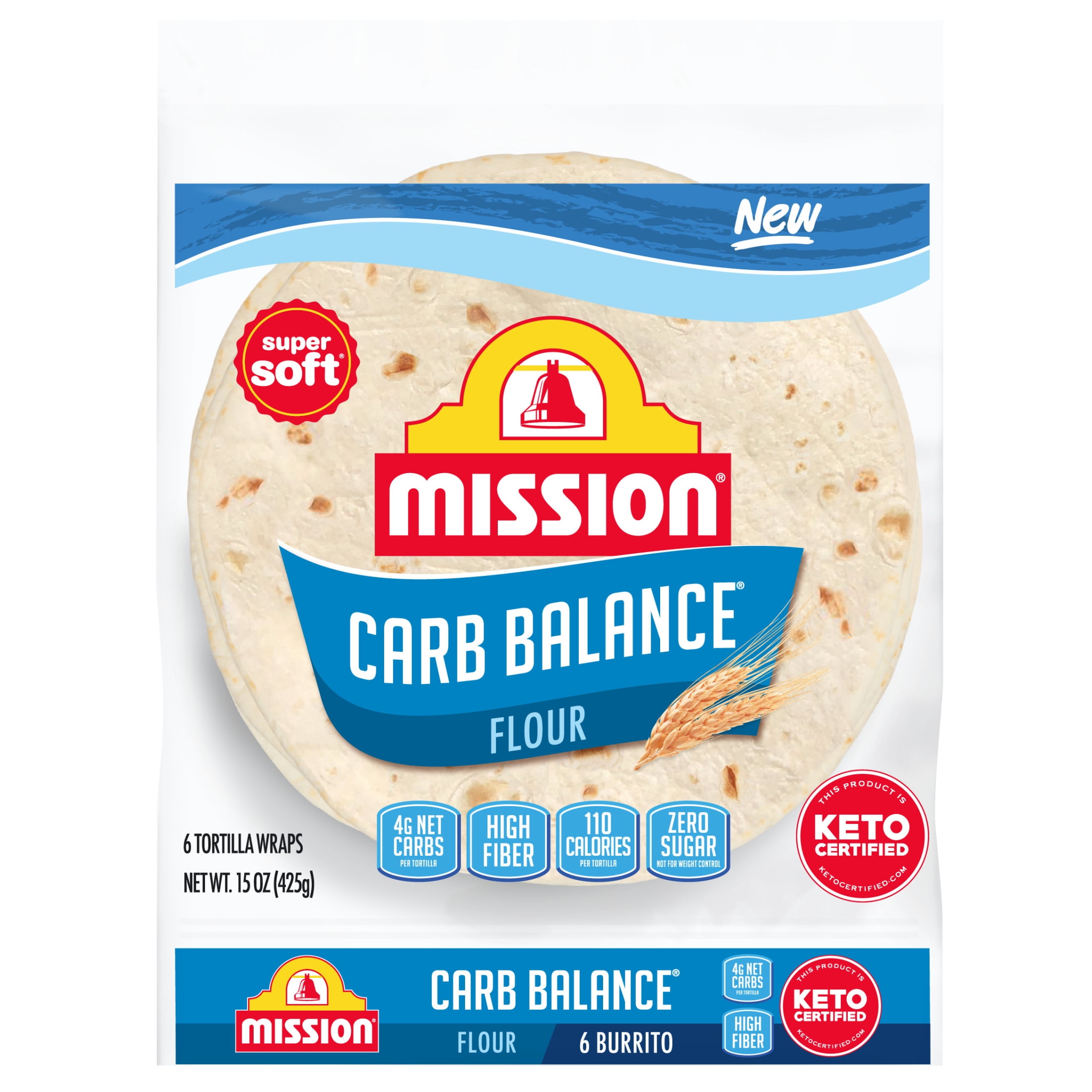 Mission Low Carb, Zero Sugar, Soft Flour Burrito Tortillas, 15 oz, 6 ...