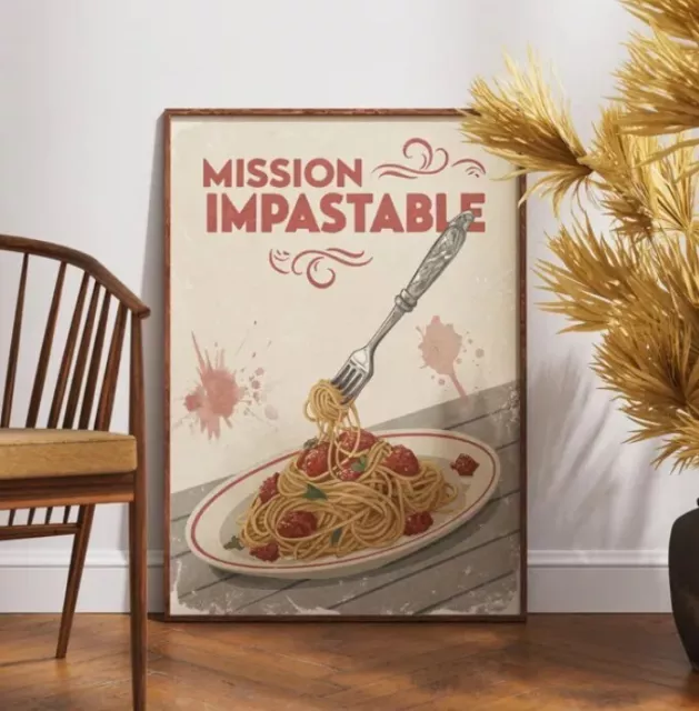 Mission Impastable Poster, Funny Pasta Kitchen Art, Retro Italian Food ...