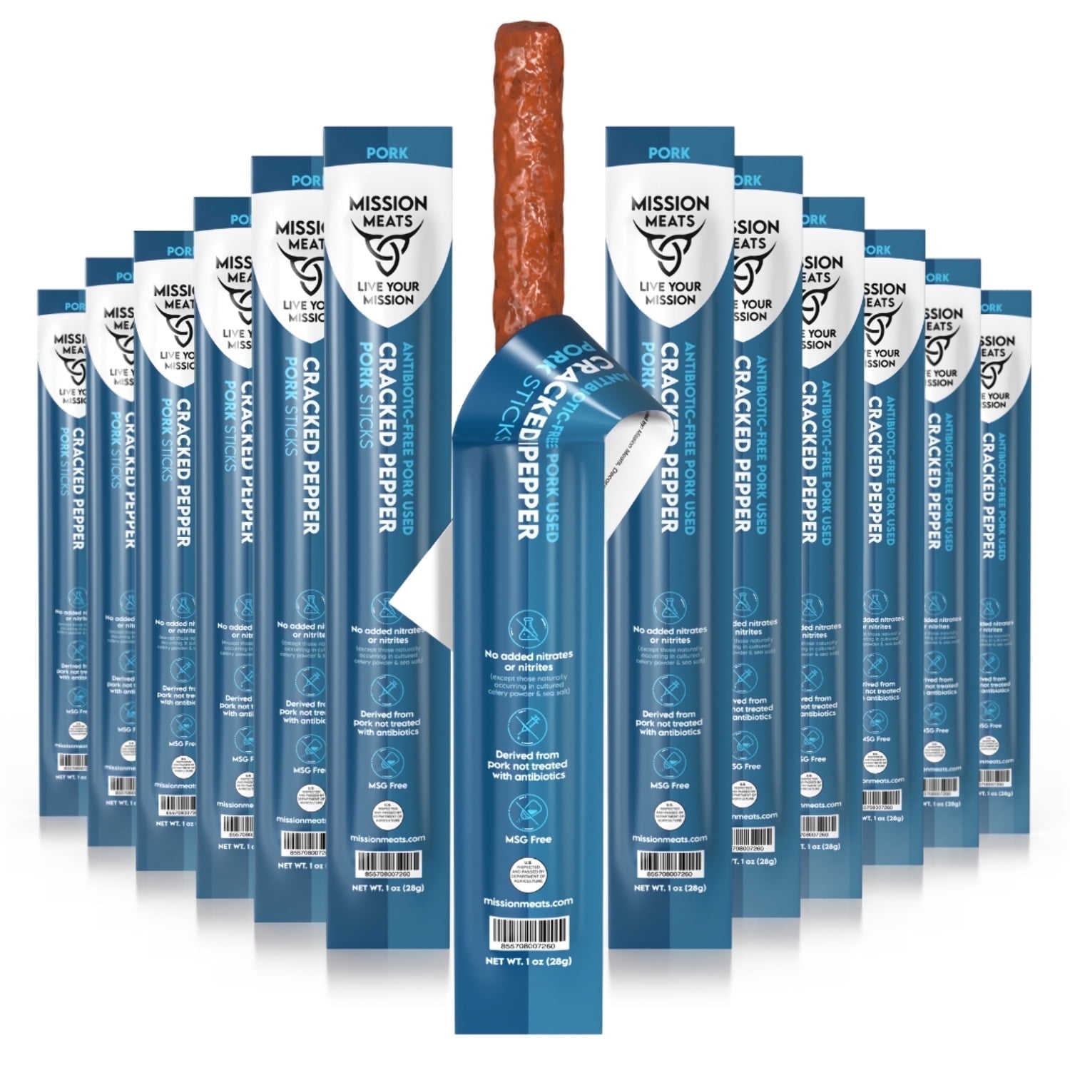Mission Meats Cracked Pepper Pork Meat Sticks, Paleo, Whole 30, 1oz, 12 ...