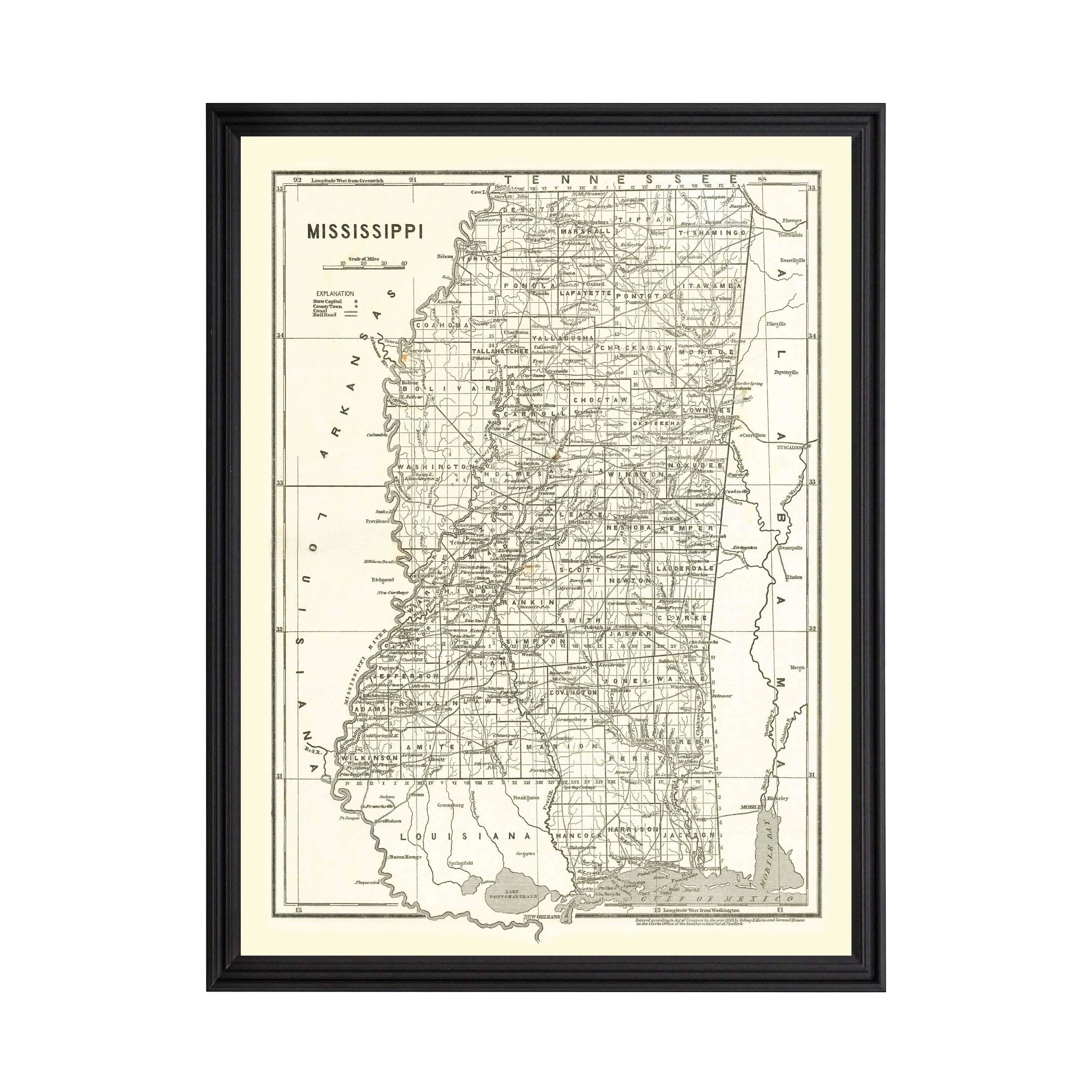 Mississippi Art, 1842 Vintage Map of Mississippi History Wall Decor ...