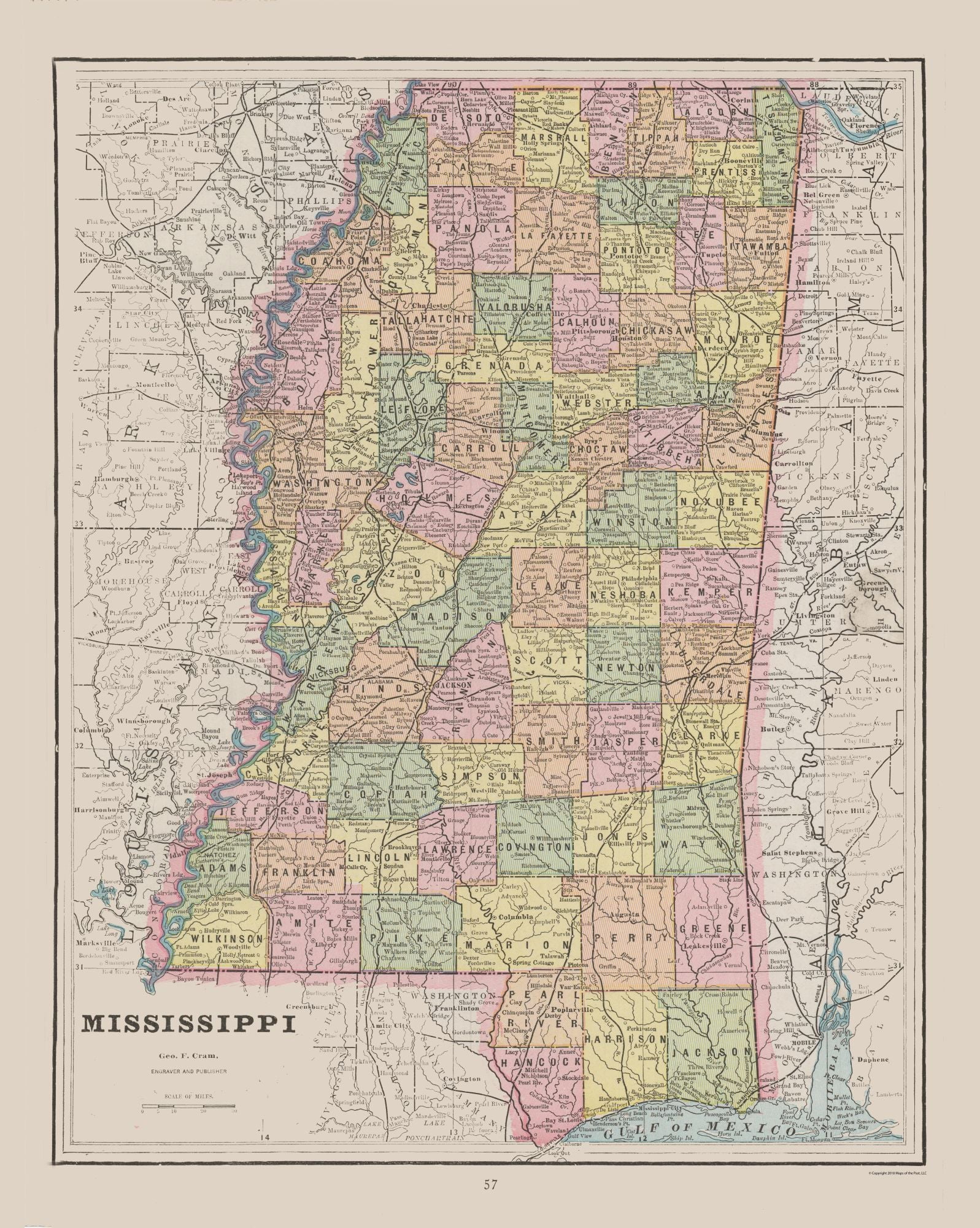 Historic State Map - Mississippi - Cram 1892 - 23 x 28.80 - Vintage ...