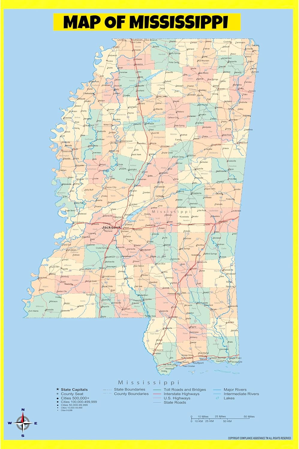 Mississippi Map Poster - Laminated Wall Map - Style A - 20x30 - Ideal ...
