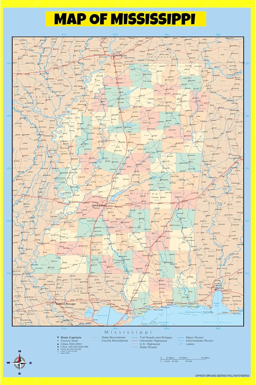 Mississippi Map Poster - Laminated Wall Map - Style C - 24x36 - Ideal for Classrooms and Homes ...