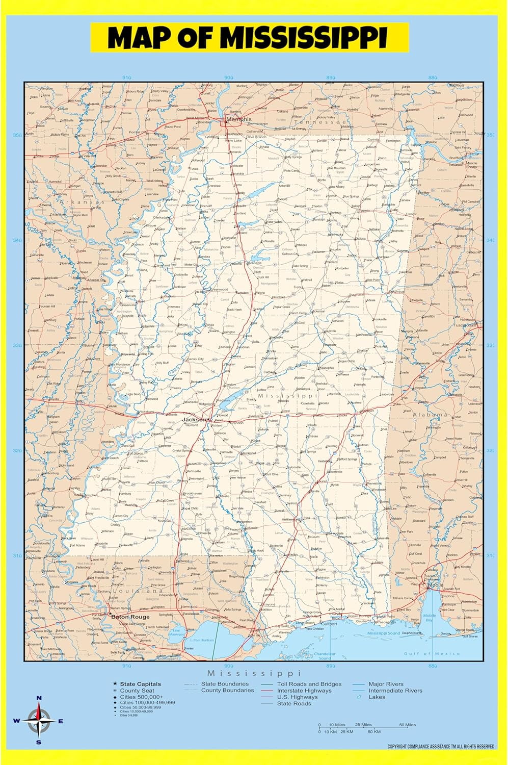 Mississippi Map Poster - Laminated Wall Map - Style D - 24x36 - Ideal for Classrooms and Homes ...
