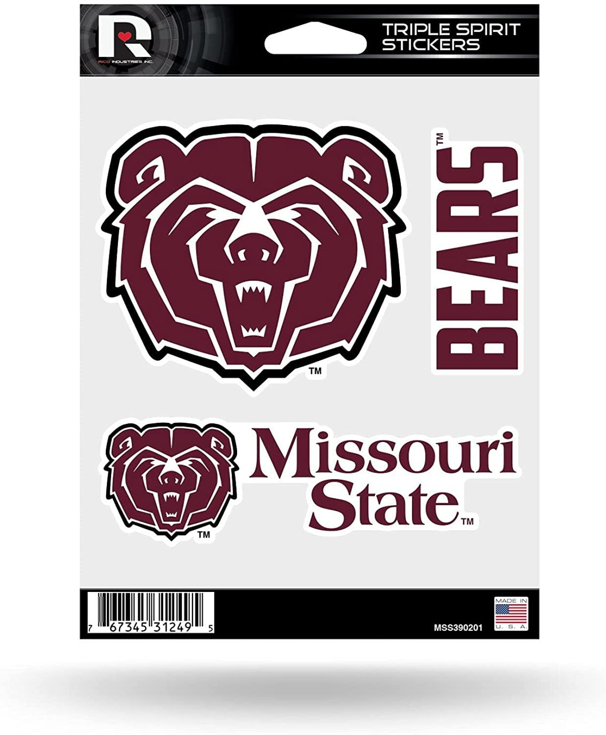 Missouri State University Bears 3 Piece Decal Sheet Triple Sticker ...