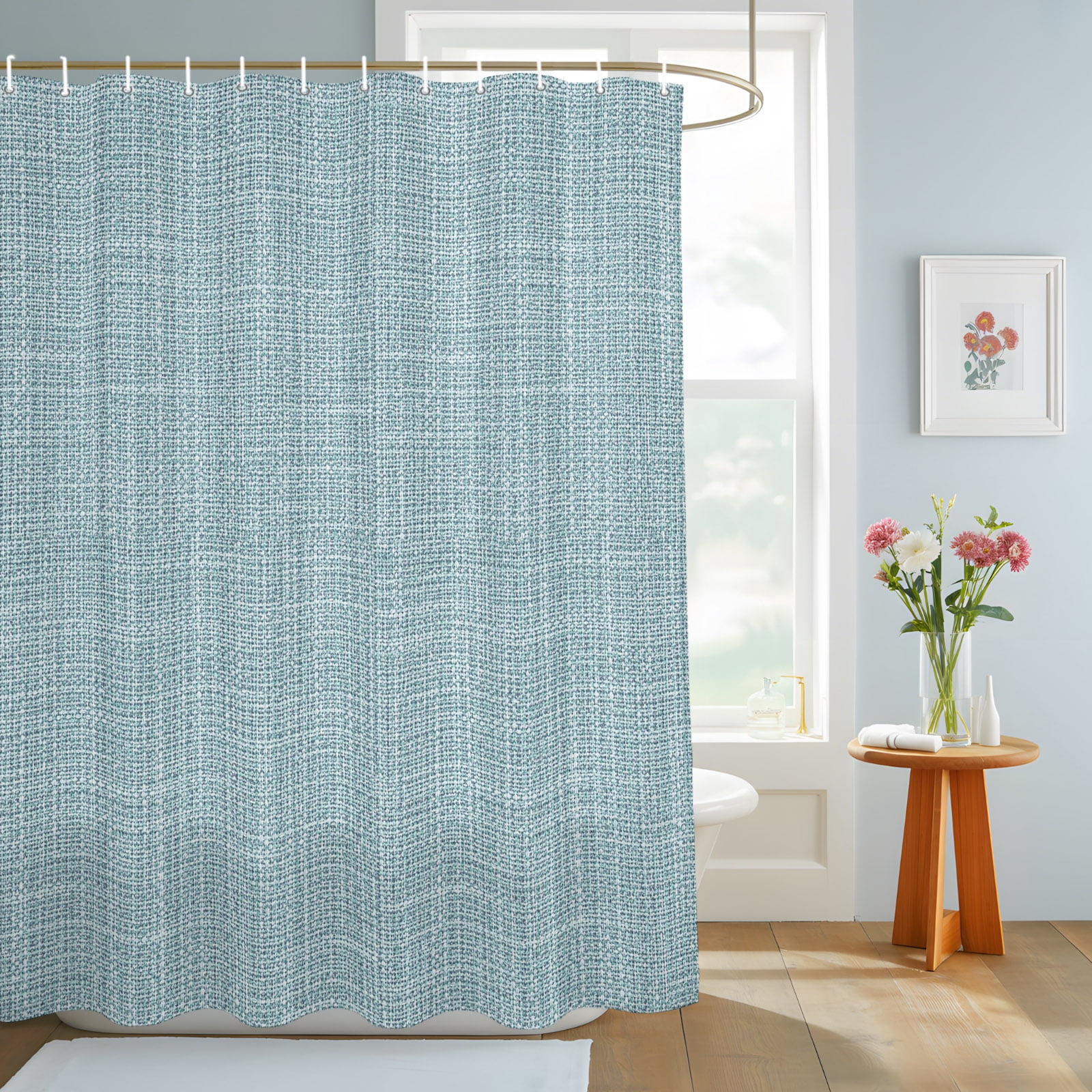 Mist Blue Solid Shower Curtain, Minimalist Cloth Sea Mist Linen Texture ...