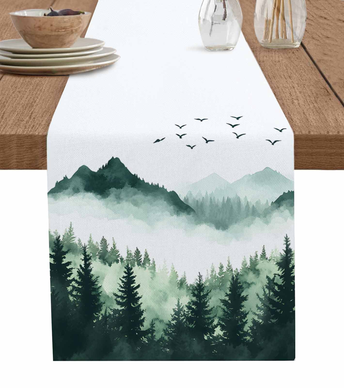 Mist Forest Mountain Table Runner 72 Inches, Watercolor Plant Nature ...