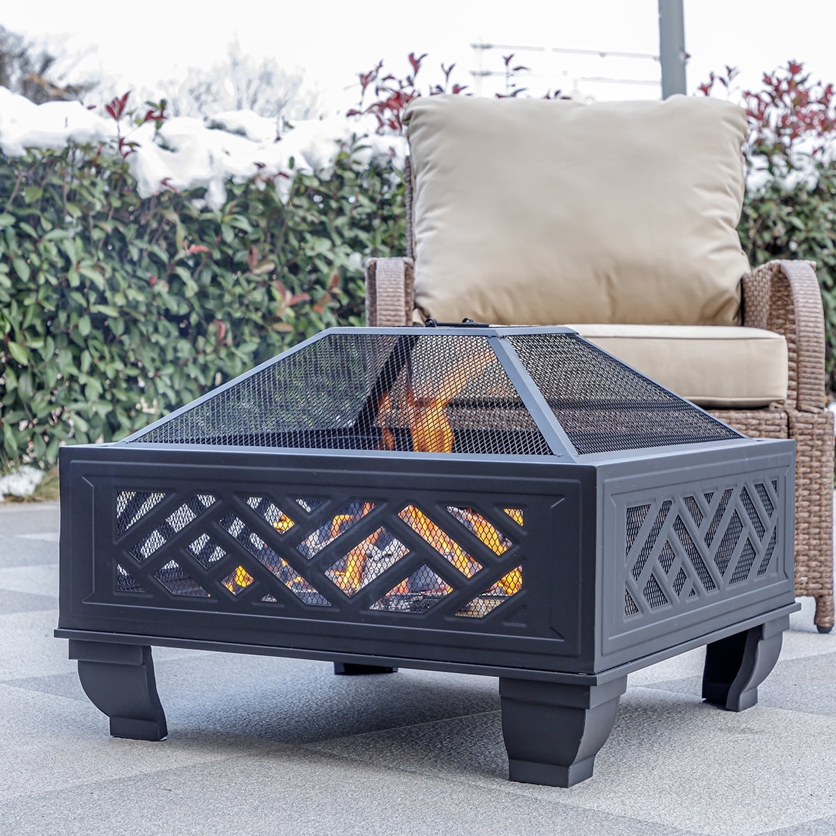 MistMo 26" Fire Pit with Grill for Outside, Square Outdoor Wood Burning ...