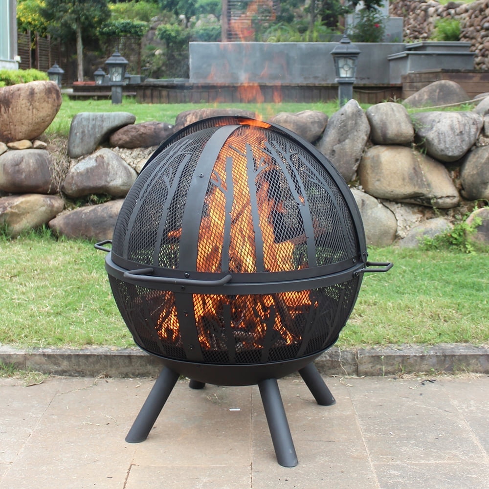 MistMo 35 inch Metal Ball Outdoor Fire Pit with Grill for Outside Patio ...