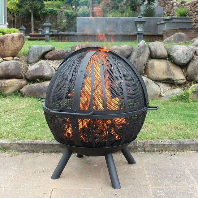 MistMo 35 inch Metal Ball Outdoor Fire Pit with Grill for Outside Patio ...