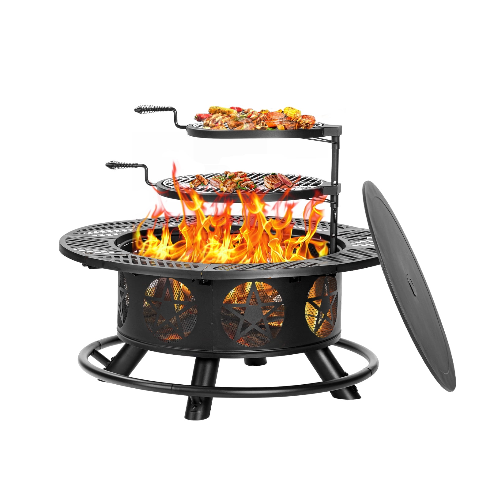 MistMo 36 inch Round Fire Pit with Grills, Wood Burning Fire Pits with ...