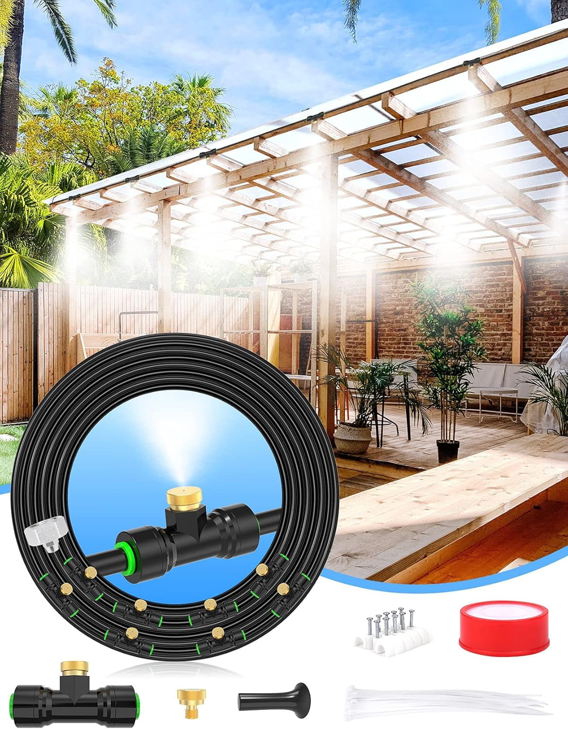 Misters for Outside Patio 27.5FT(8.4M)+8 Brass Mist Nozzles+a Brass ...