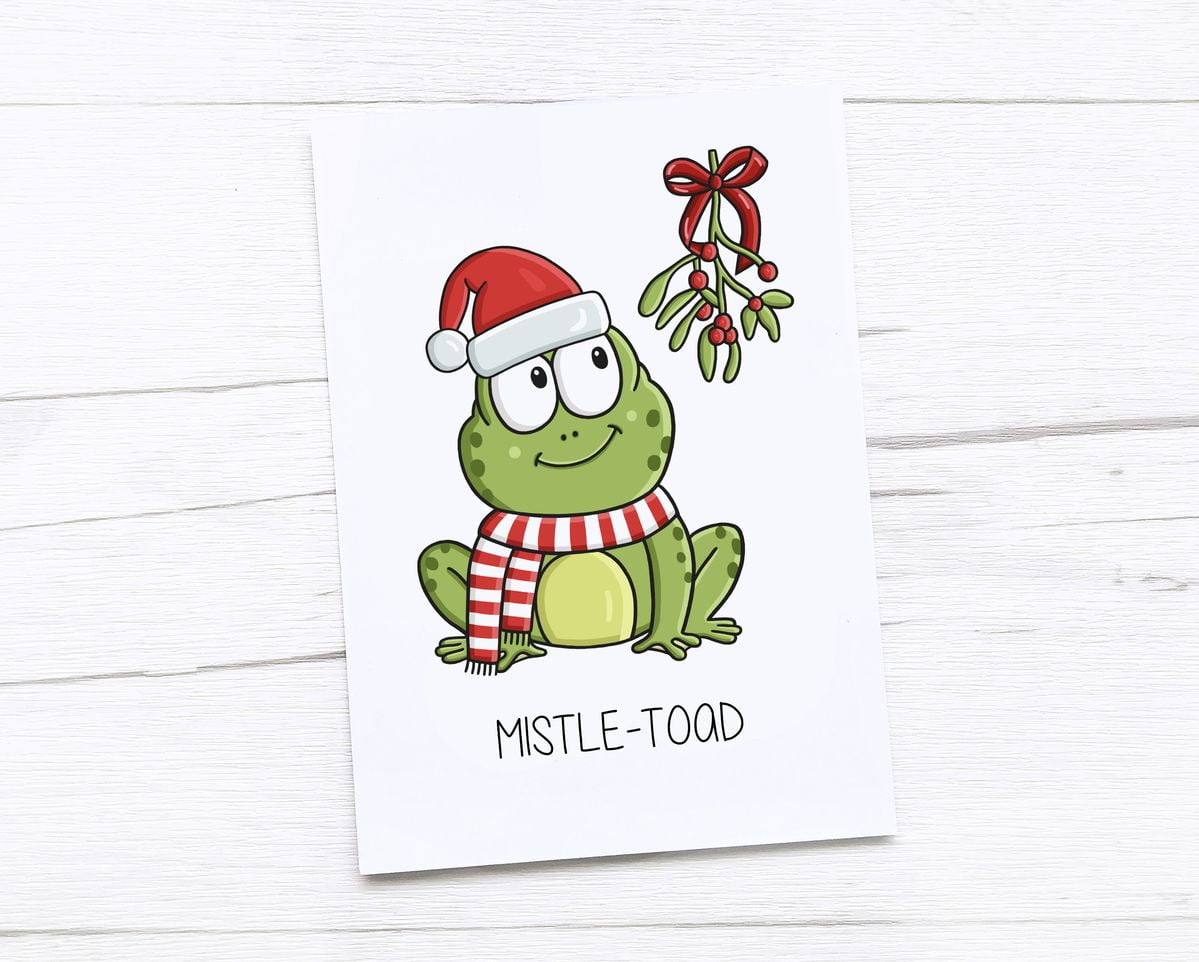 Mistle-Toad Christmas Card – Cute Frog Design with Santa Hat and ...