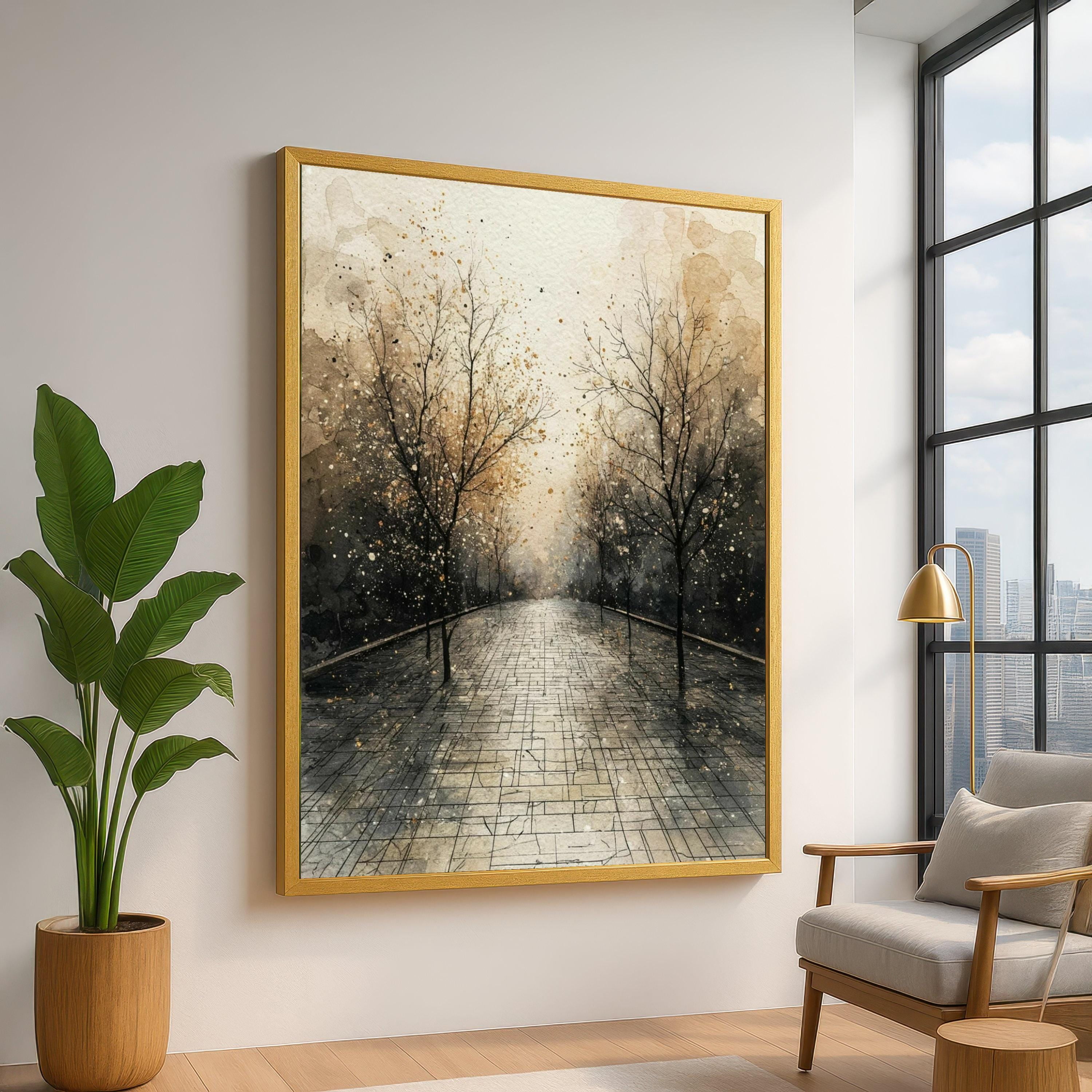 Misty Autumn Pathway Wall Art, Bare Trees Landscape, Sepia Tone Nature ...