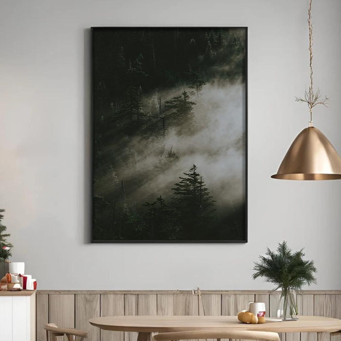 Misty Forest Art Dark Green Landscape Poster, Minimalist Cabin Decor ...