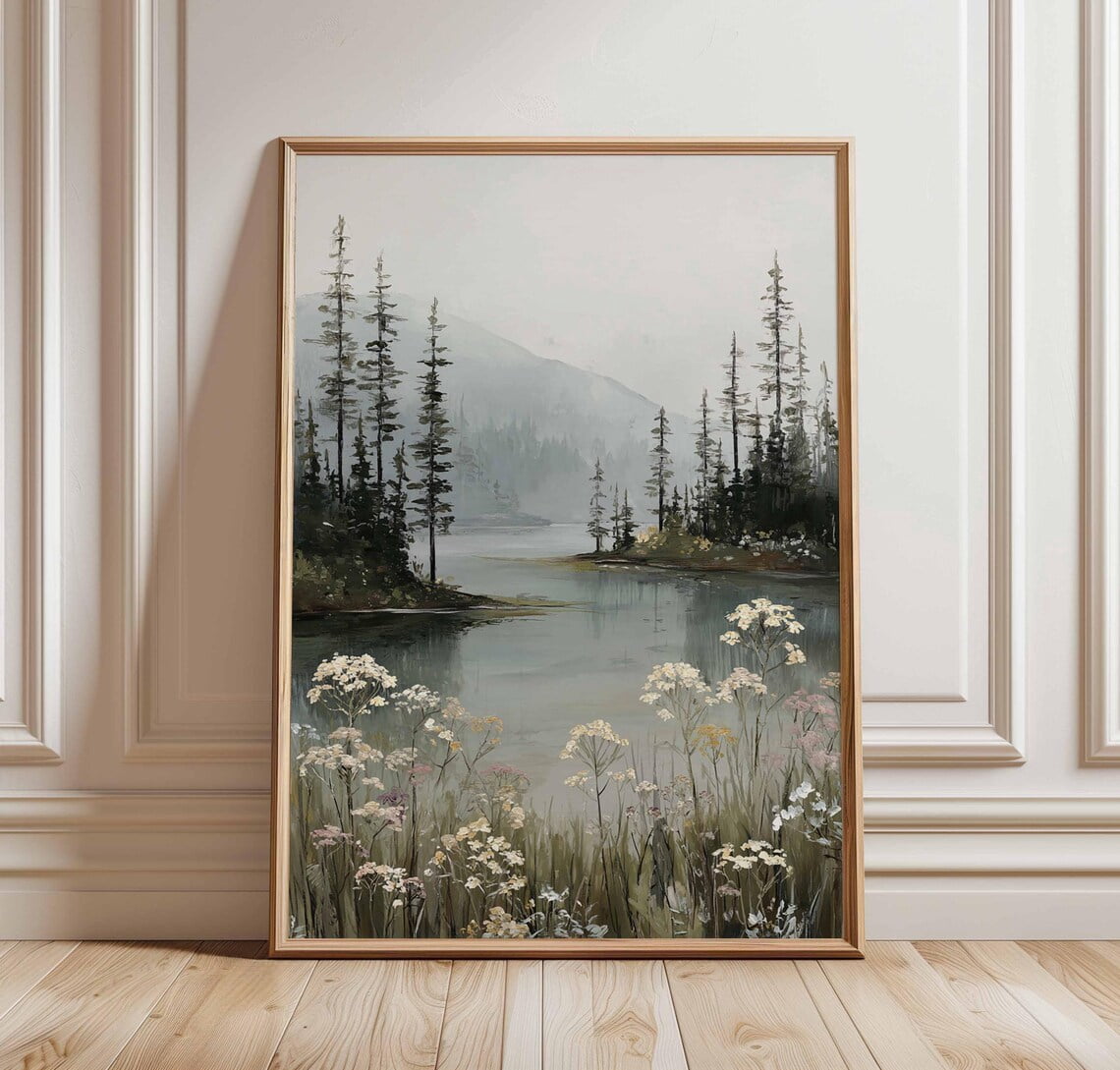Misty Forest Lake Neutral Landscape Wildflower Nature Tranquil Art ...