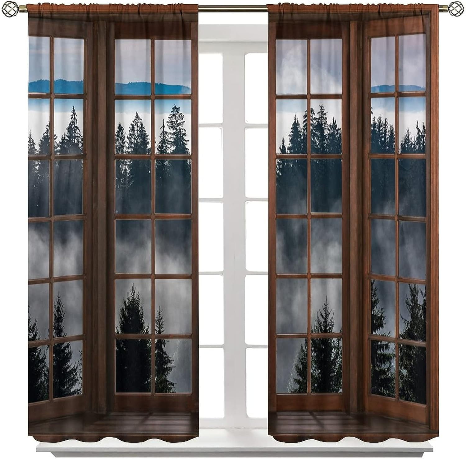 Misty Forest Landscape Curtains, Wooden Window Forest Mountain Rustic ...