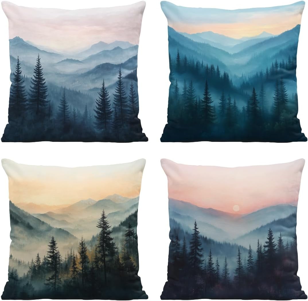 Misty Forest Pillow Covers 18x18 Inch Set of 4, Mountain Natural Mist ...