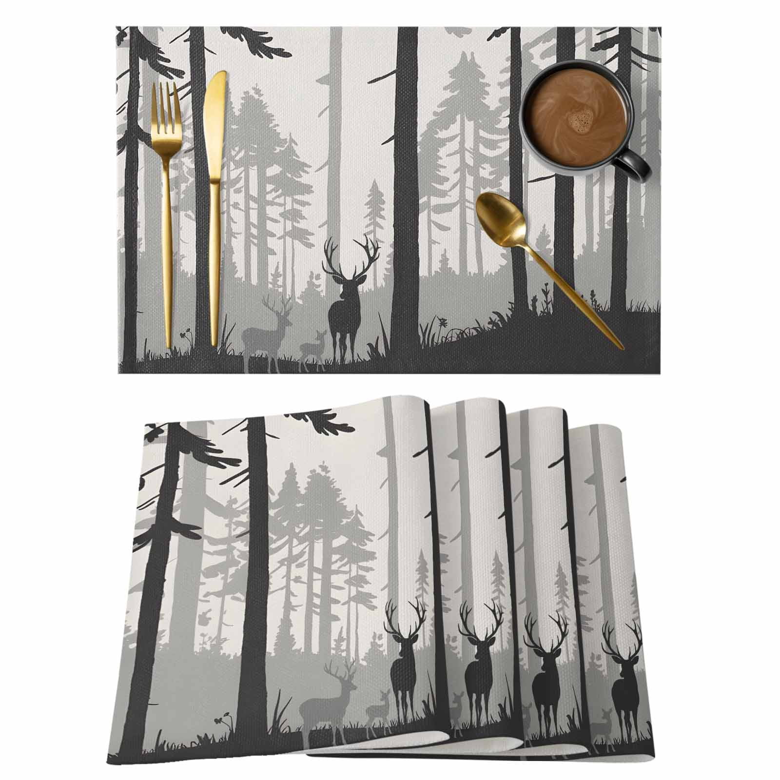 Misty Forest Placemats Set of 8, Pine Trees Elk Vintage Pastoral Gray ...