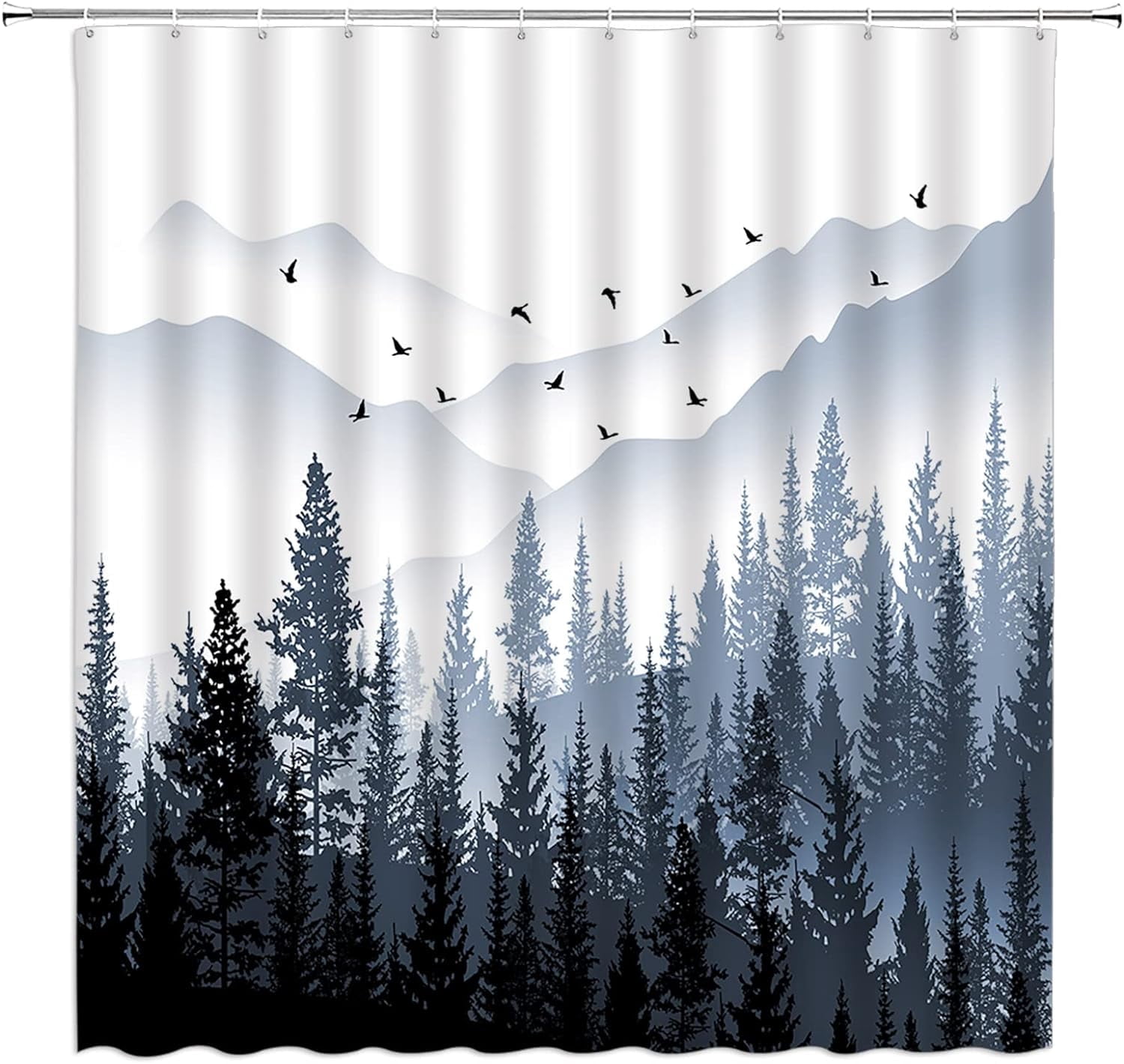 Misty Forest Shower Curtain Blue Pine Tree Nature Scenery Watercolor ...