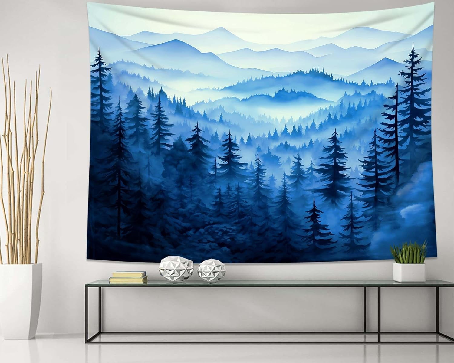 Misty Forest Tapestry, Nature Mountain Tapestry Wall Hanging Watercolor ...