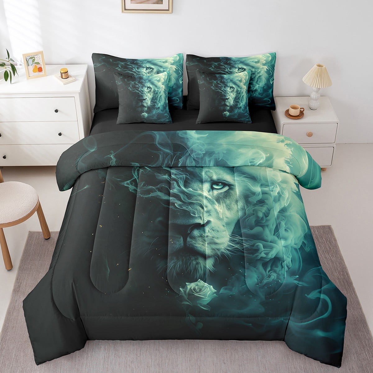 Misty Lion Bed in a Bag Queen Comforter Set 7 Piece,Green Fog Bedding ...