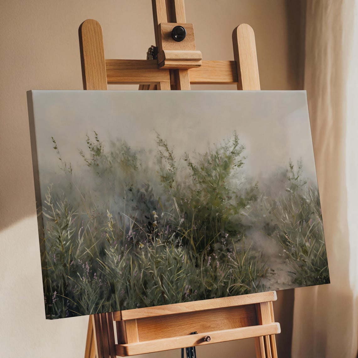 Misty Meadow Morning Print – Serene Botanical Landscape Art, Moody ...