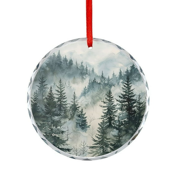 Misty Pine Tree Forest Foggy Snow Forest Mountain Print Glass Christmas Ornament Forest Tree ...