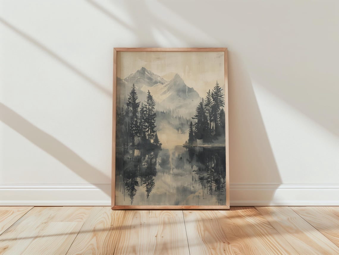 Misty Pine Tree Mountain Landscape Gray Beige Modern Rustic, Stretched ...