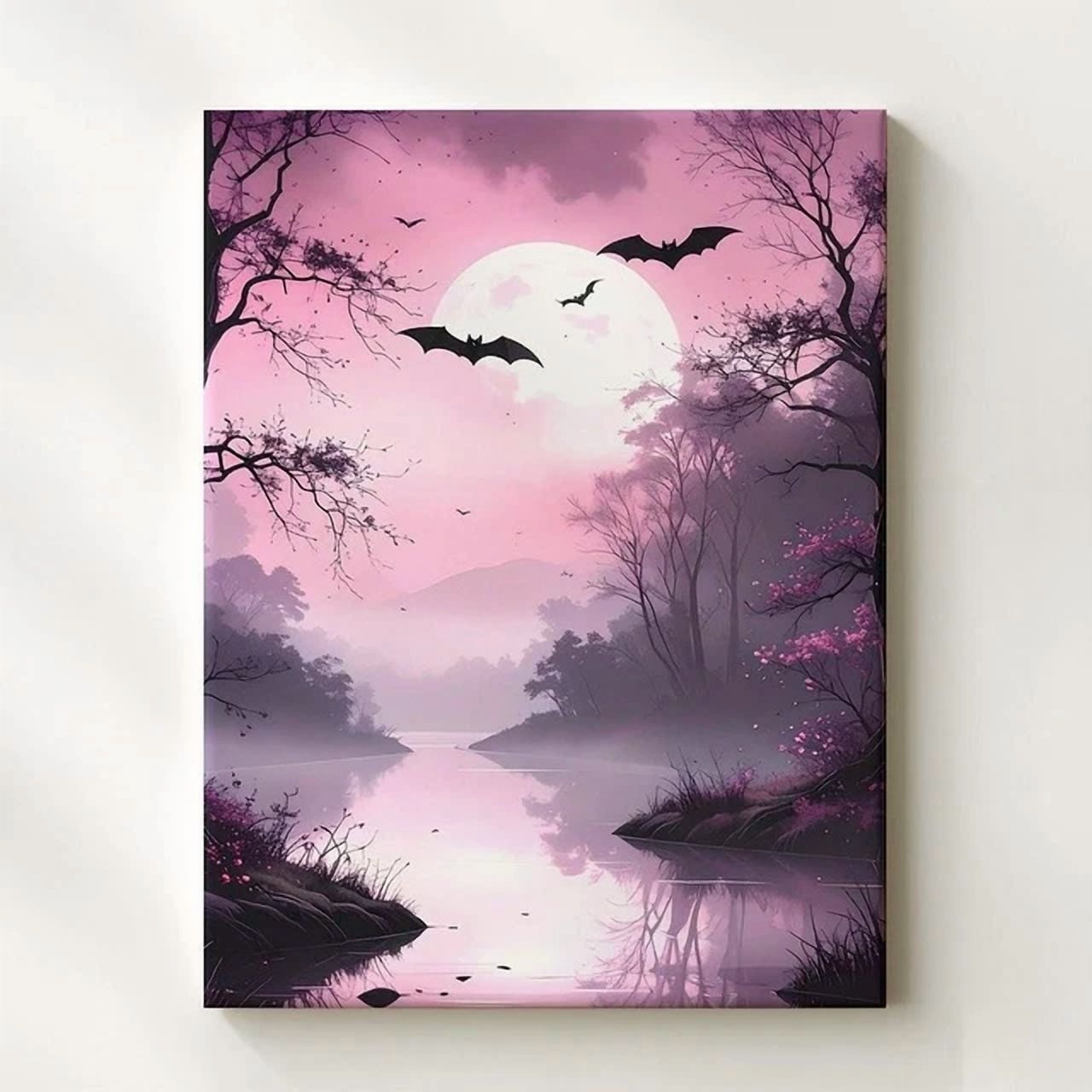Misty Pink Forest Eerie River Path & Silhouetted Bats Art Living Room ...