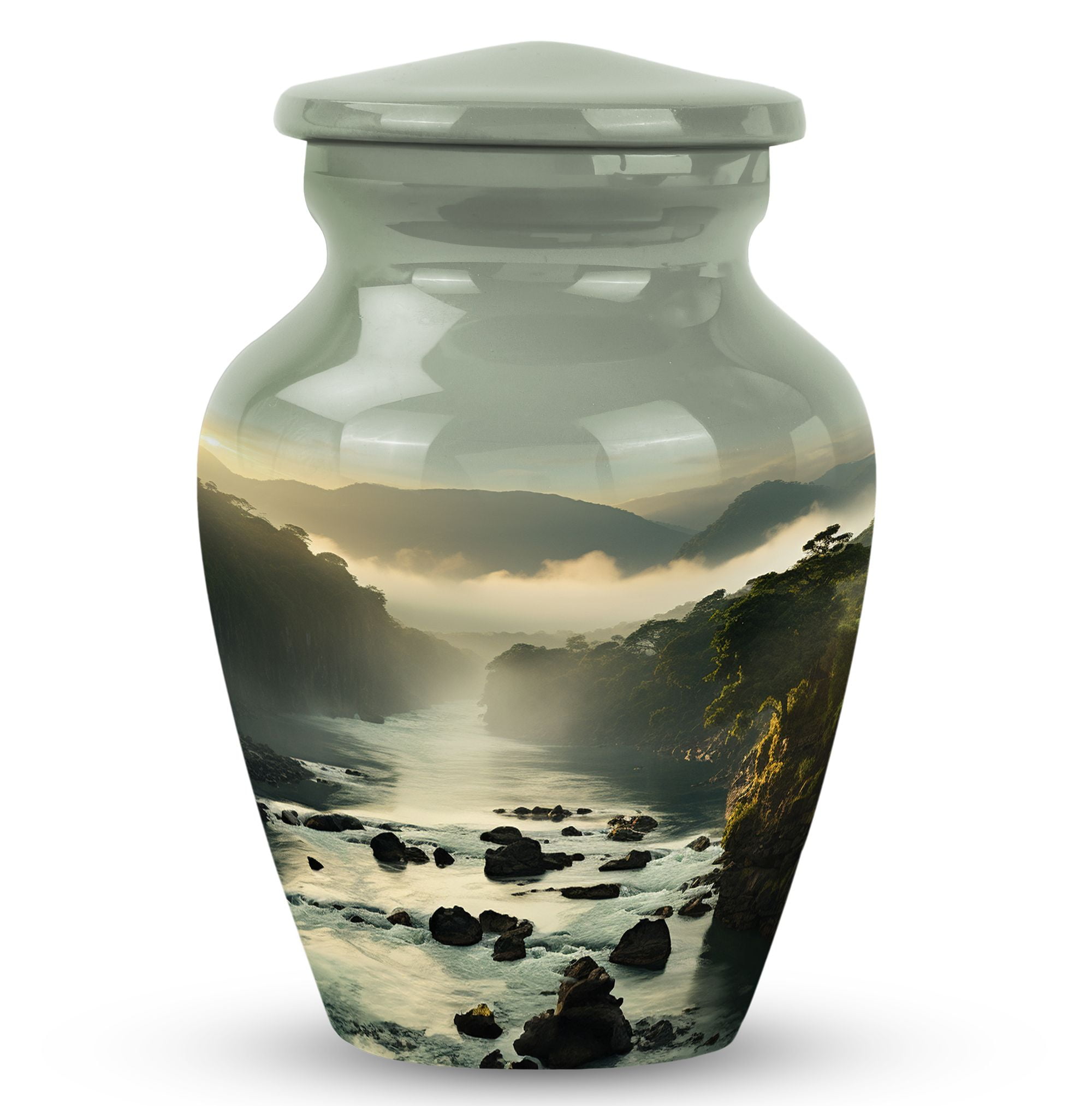 Misty River Flowing Through The Sleeping Mountains, Memorial Small Urns ...