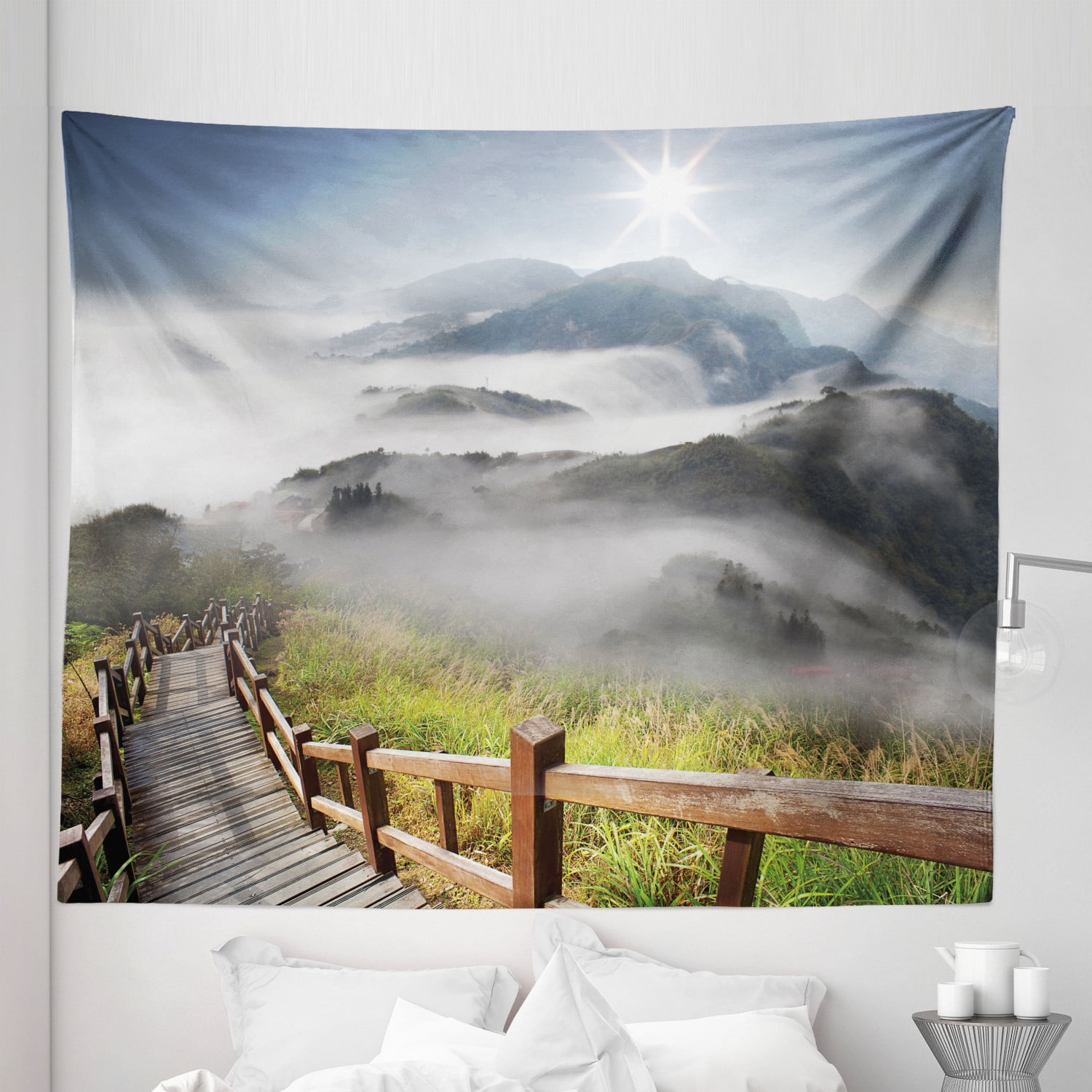 Misty Tapestry, Nature Photo of Foggy Mountains Grassy Land and Long ...