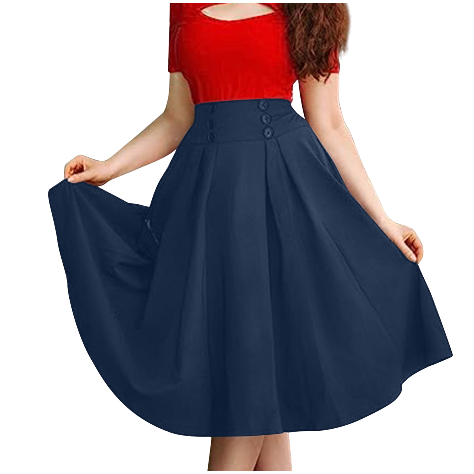 Ugoldhm Pleated Midi Skirts For Women High Waisted A Line Skirts Shirring Swing Skirt With