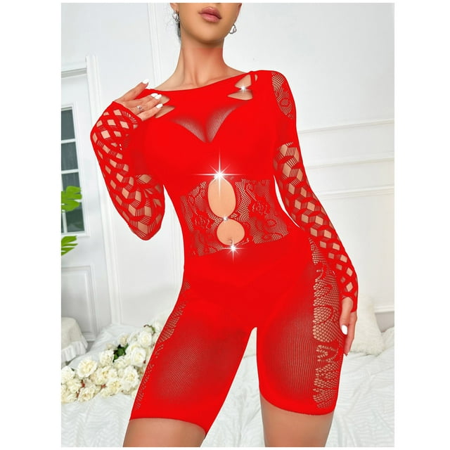 Mitankcoo Sexy Bodysuit For Women Solid Color Hollow Out Mesh Lace Sexy