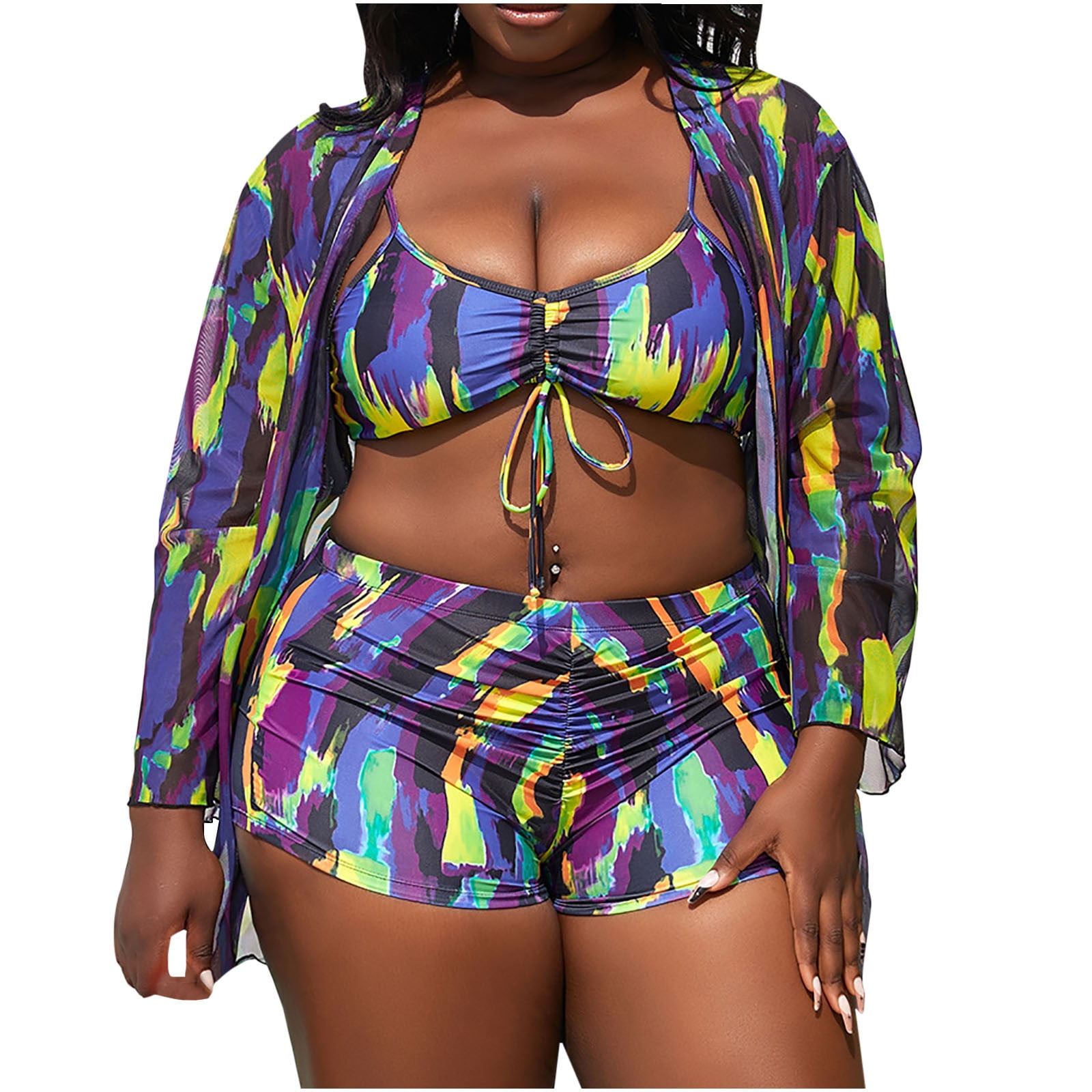 Mitankcoo Women Plus Size Bikini Sets - Ruched Push Up High Waiste Swimsuit with Kimono Cover ...