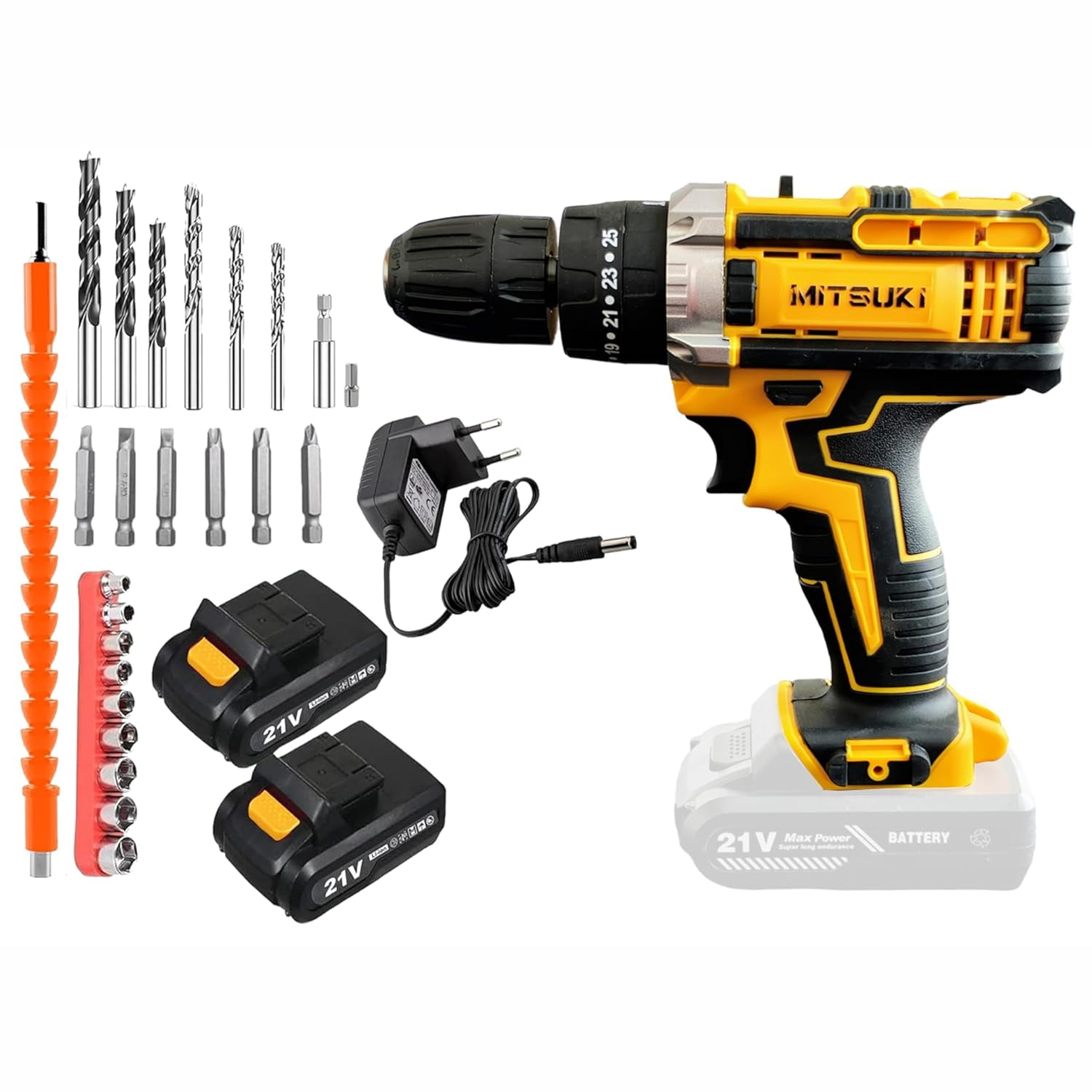 Mitsuki 21V Cordless Impact Drill 10MM Chuck Variable Speed LED Light 2 ...