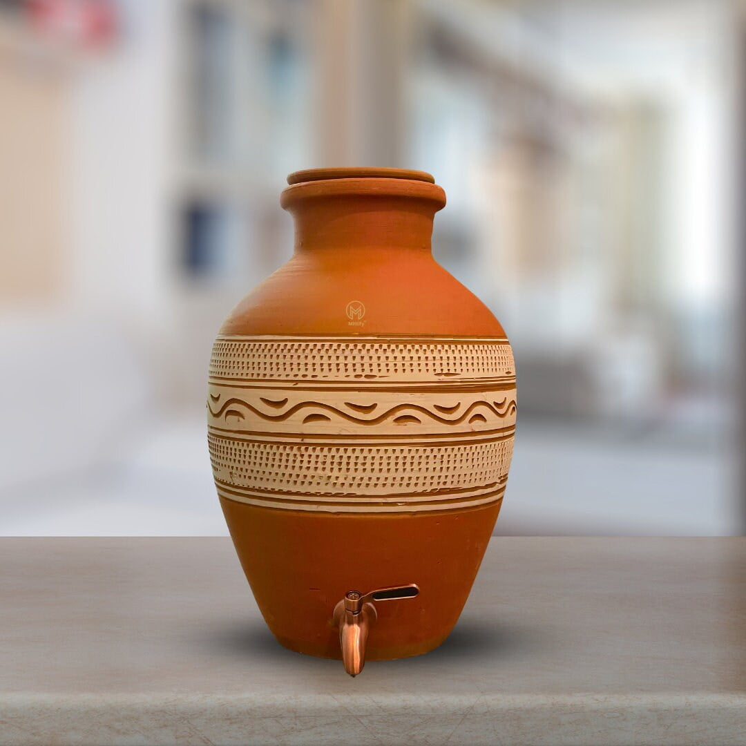 Mittify Earthen Clay Water Pot (372oz/11L) | Handmade Tribal Art Design ...