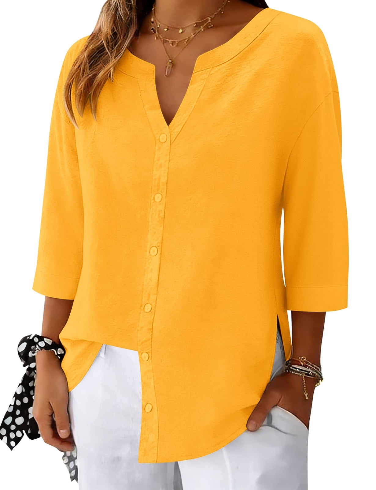 Mittory 3/4 Length Sleeve Womens Tops V Neck Sides Slit Button Down ...